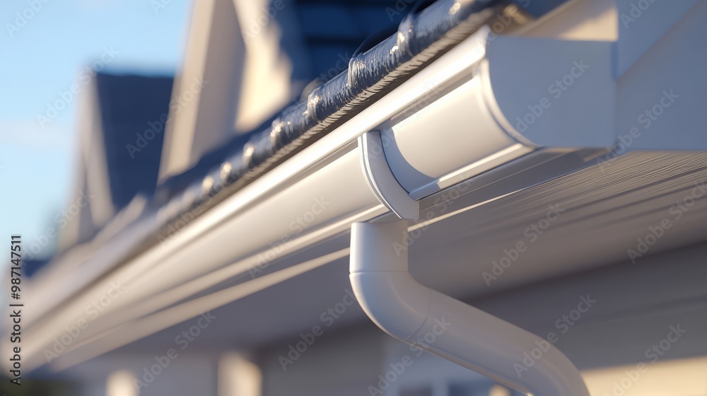 Close-up of a modern house gutter system with sunlight highlighting the ...