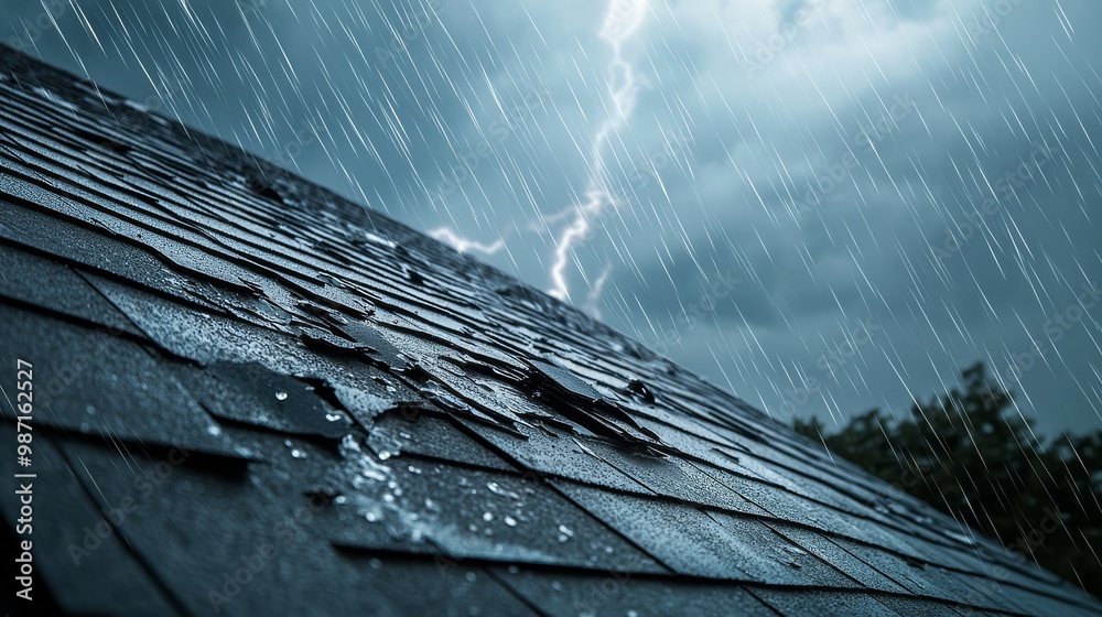 Roof with damaged shingles during heavy rain and lightning storm ...