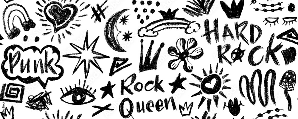 Vector seamless pattern charcoal graffiti doodle punk and girly shapes ...