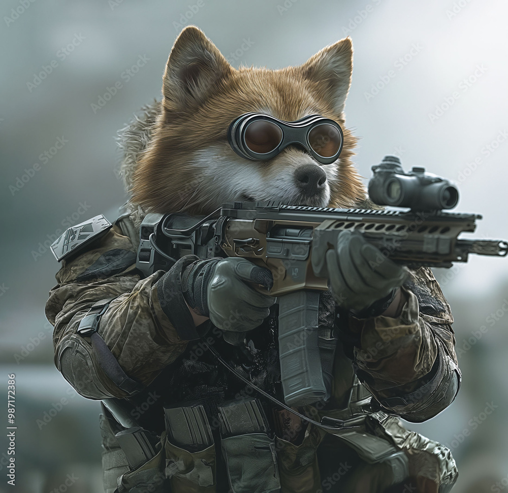 Shiba Inu in tactical military gear, aiming a rifle with goggles on ...