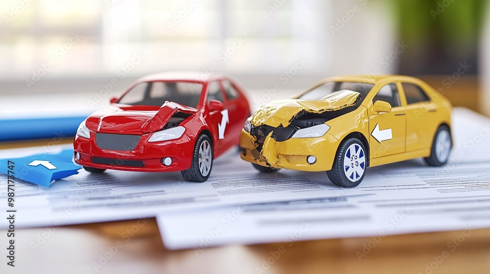 Minimalist illustration of two eco-cars damaged from a minor crash with ...