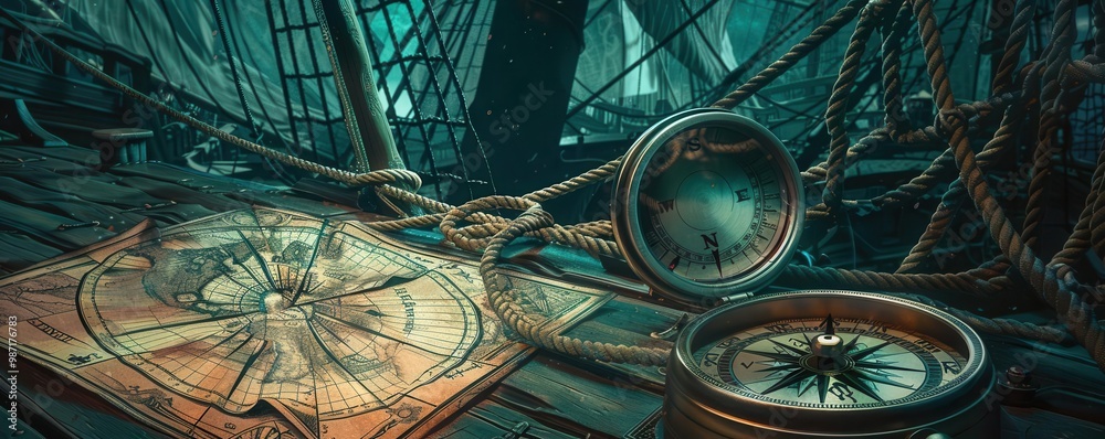 Compass and old map on a pirate ship's deck, with torn sails and ...