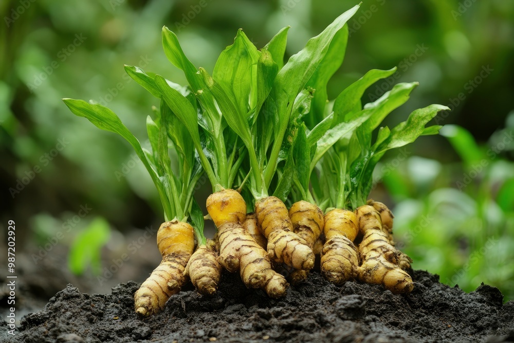 aromatic asian herbal plant roots turmeric raw and fresh with young new ...
