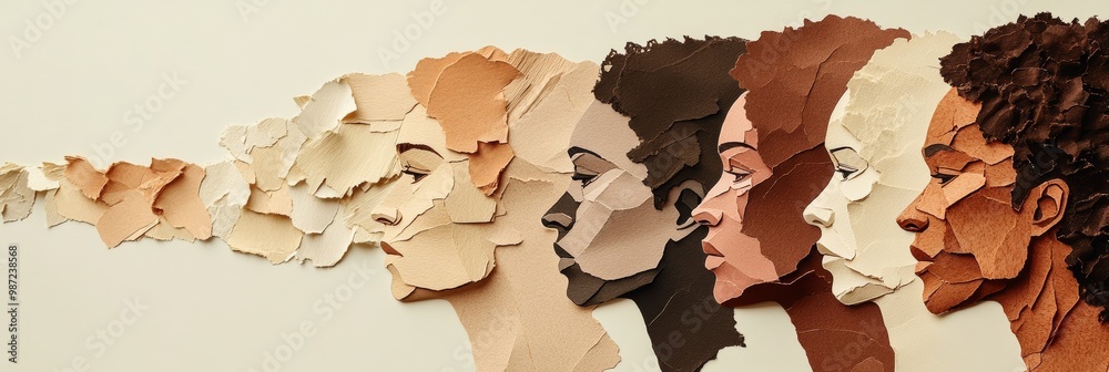 Horizontal paper collage of diverse multiracial profiles with textured ...