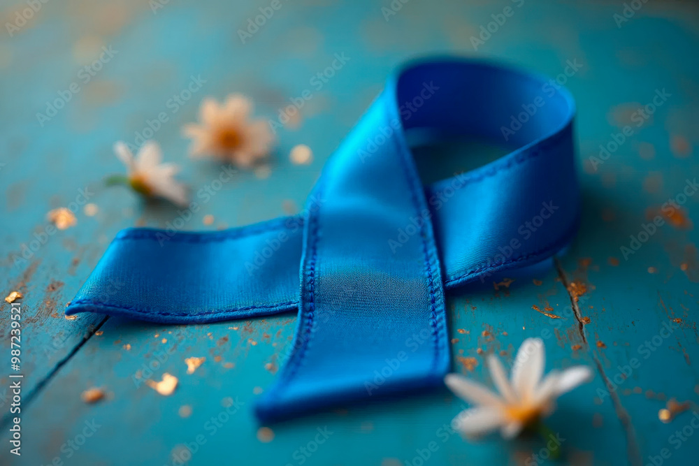 Blue ribbon awareness symbol on turquoise background with white flowers ...