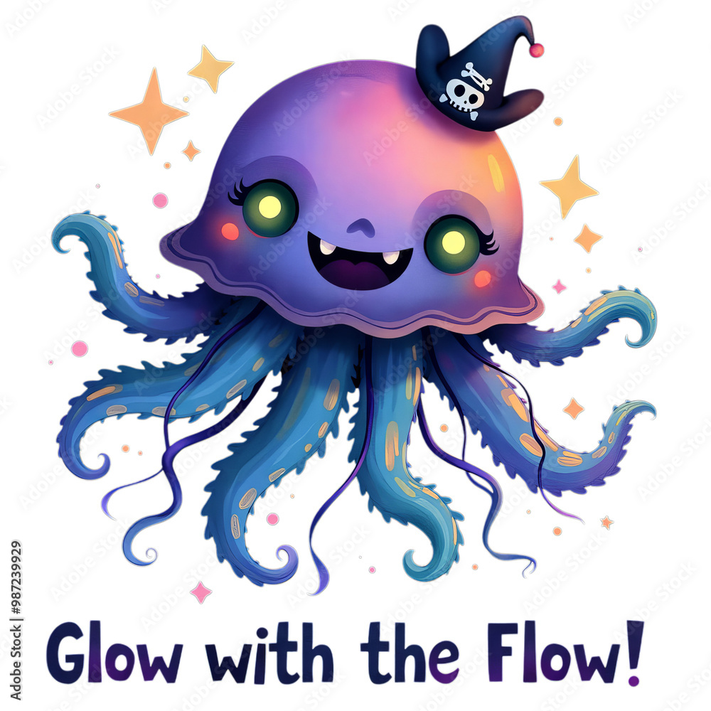 Cute glowing jellyfish with witch hat, Halloween cartoon, spooky and ...