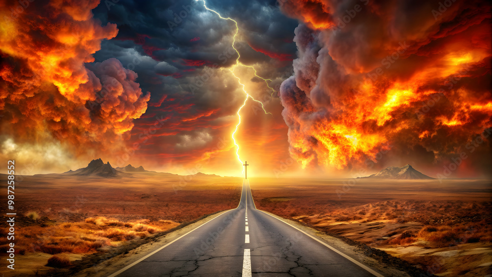 Apocalyptic inferno landscape with road to hell, depicting life after ...