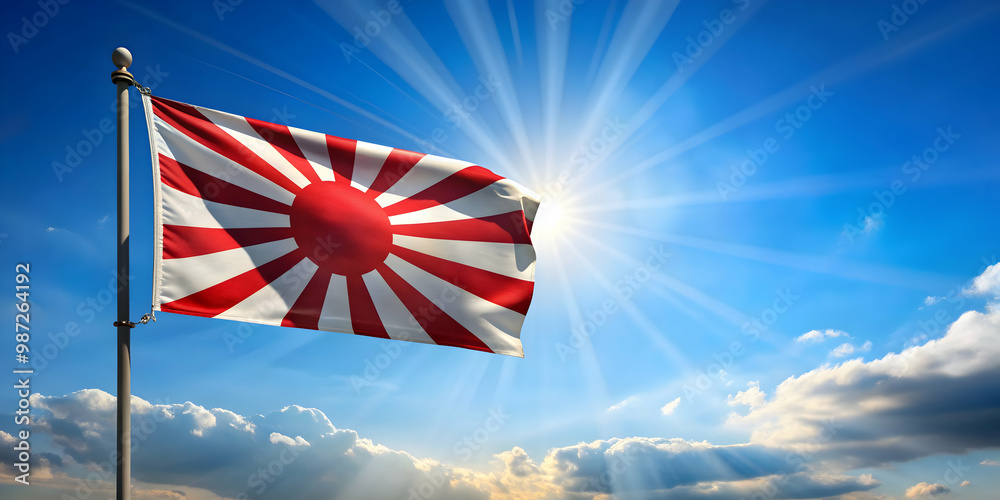 Japanese rising sun symbol in the clear blue sky, Japan, flag ...