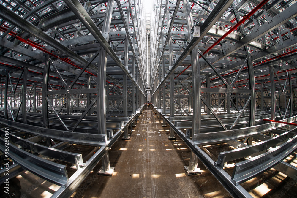 Fish-eye view of steel galvanised framework of rack-supported structure ...