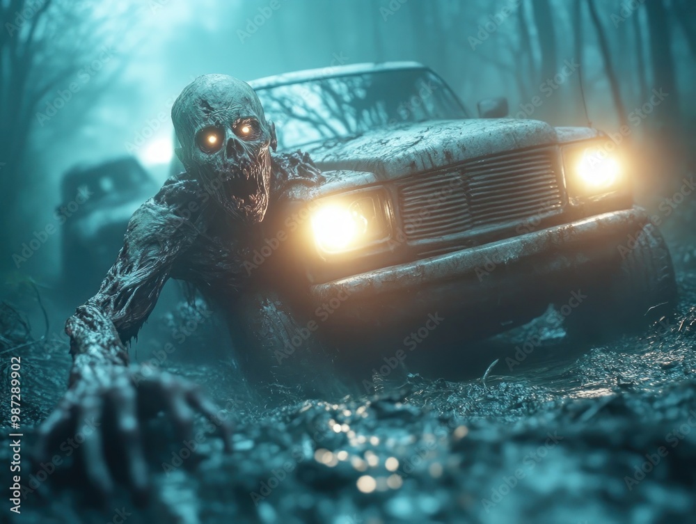 Glowing Zombie Crawls Through Dark Landscape, Undead Horror, Macabre ...