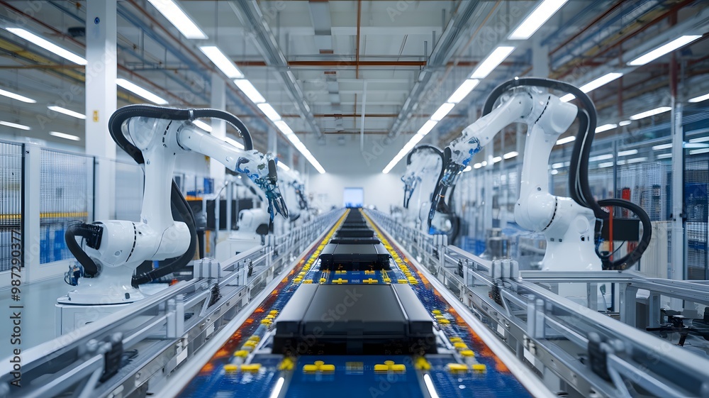 Advanced automated battery production line with robotic arms assembling ...