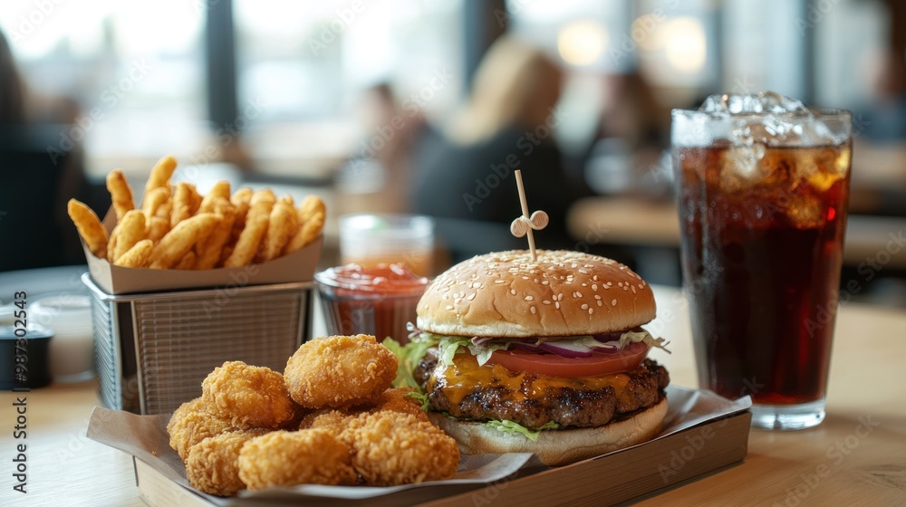 A fast food restaurant table filled with a burger, chicken nuggets, and ...