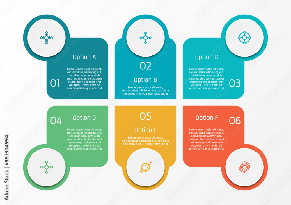 6 options business infographic template, theme of rounded square shape with circle and specific ...