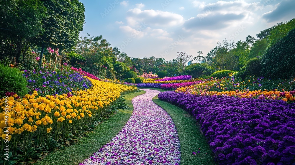 A breathtaking long flower gallery extending into the distance with a ...