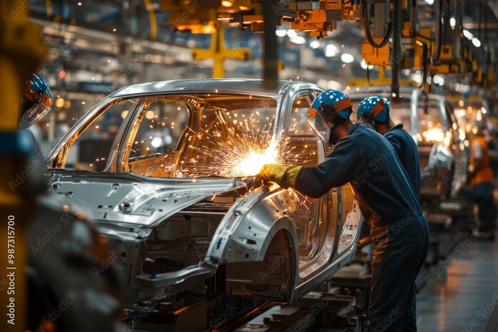 Car production line workers working on car bodies in a factory, with ...