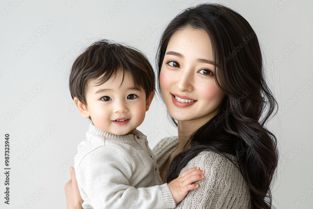 Young Japanese mother holding her cute young son, both looking into the camera, in front of a ...