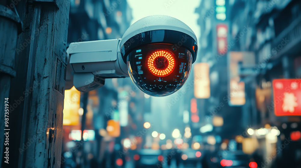 Robotic CCTV camera with artificial intelligence recognition system scanning a busy street ...