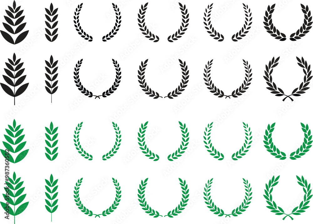 Circular foliate laurels branches icons set. Laurel wreath vectors isolated on transparent ...