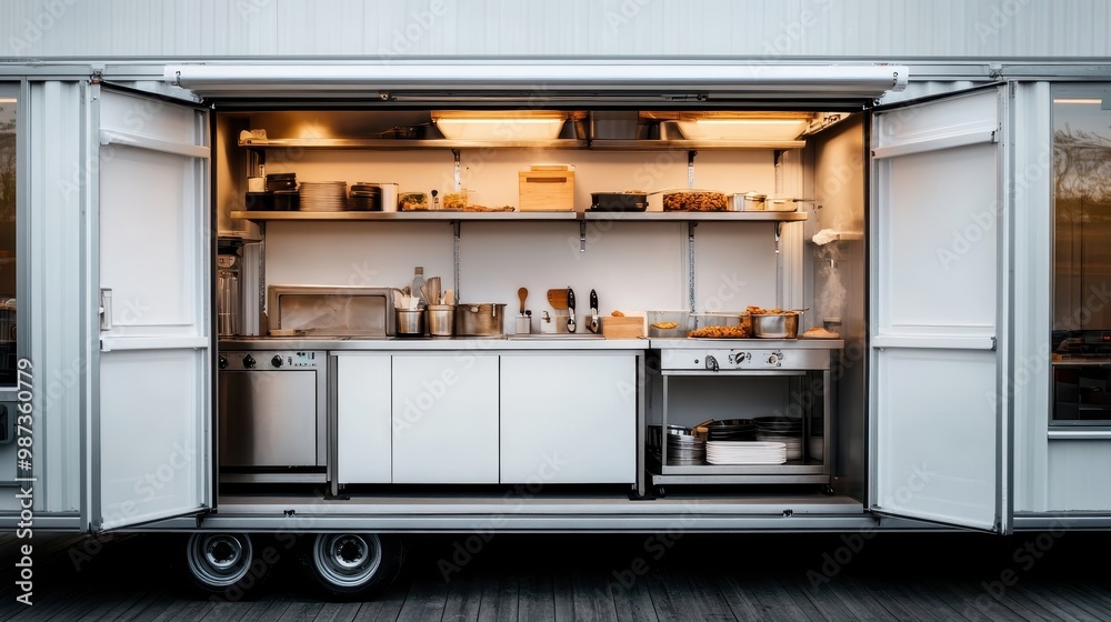 The inside of a modern mobile food kitchen is shown with cooking ...