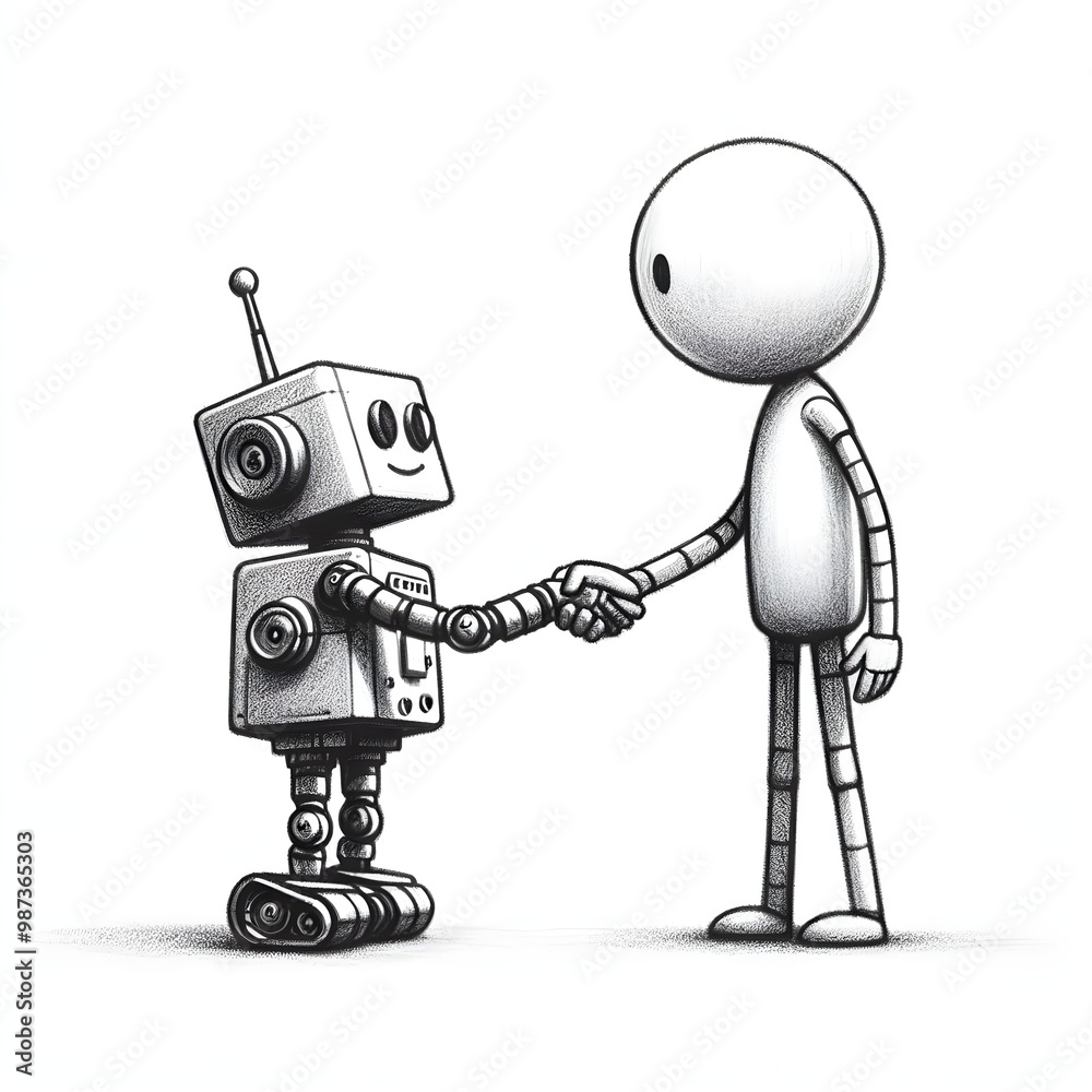 robot shaking hands with man, stick figure, people and technology ...