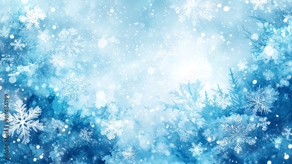 Abstract snowflakes and snow on watercolor background, pastel blue ...