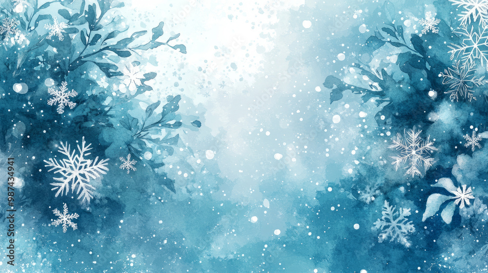 Abstract snowflakes and snow on watercolor background, pastel blue ...