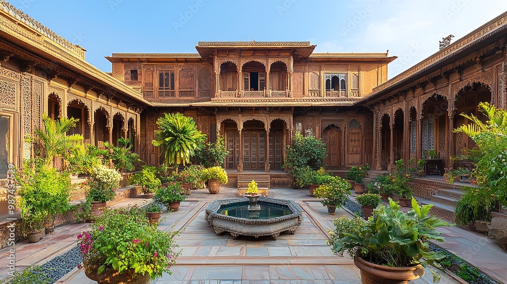 indian haveli with beautifully carved wooden facades and a grand ...