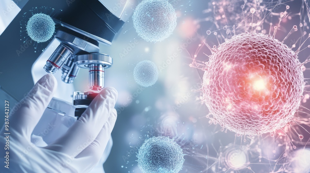 Scientific exploration of cells through a microscope, highlighting ...