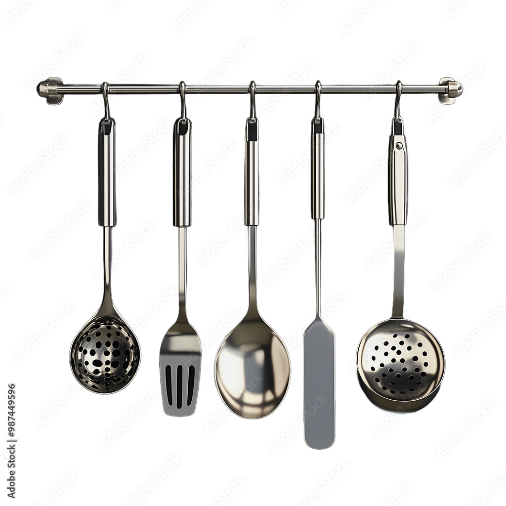 Set of five stainless steel kitchen utensils hanging on a rack ...