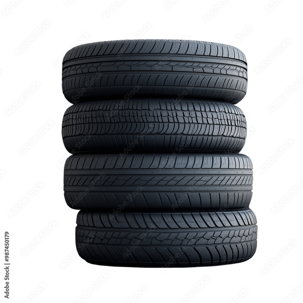 Stack of black automobile tires showcasing detailed tread texture on a transparent background ...