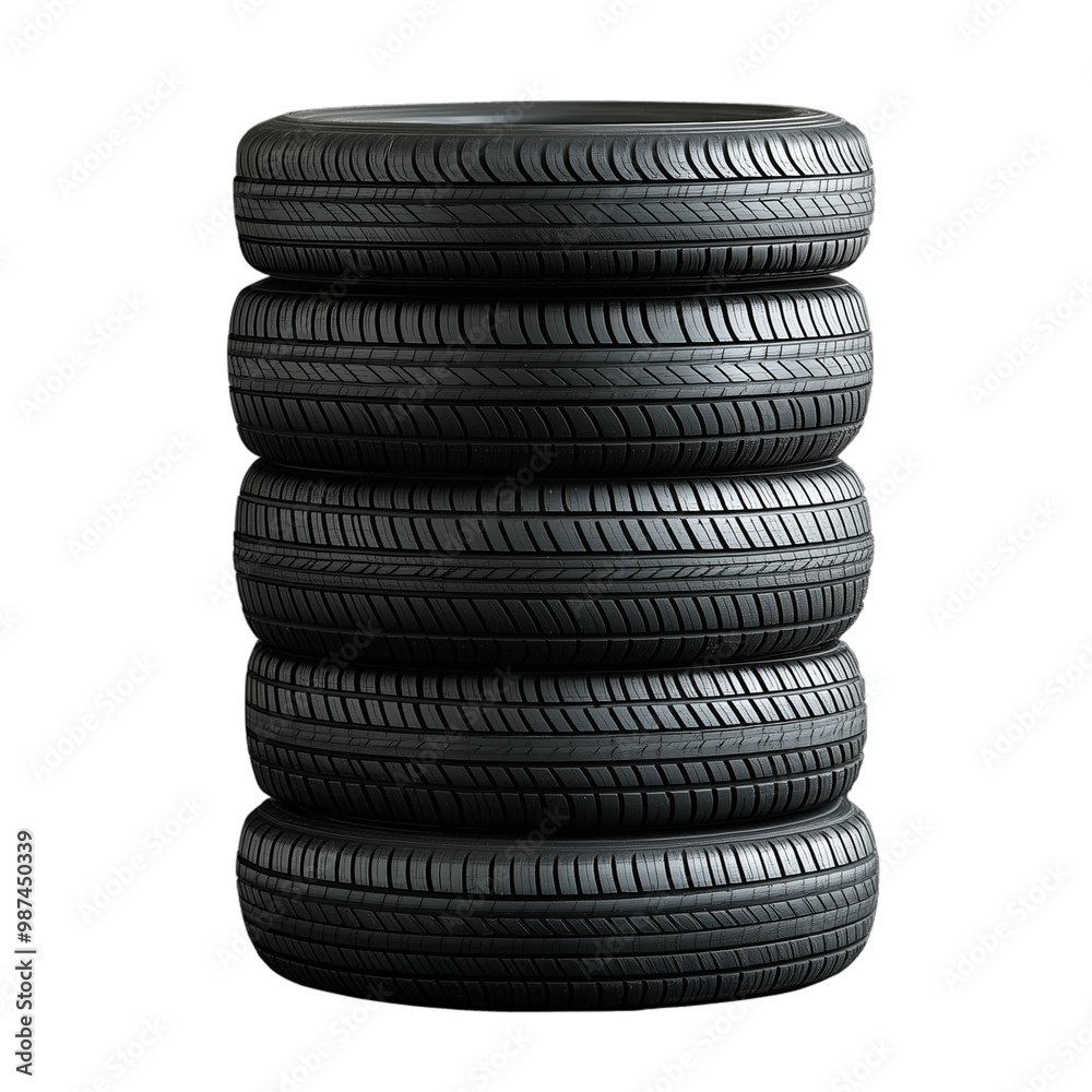 Foto de Stock Stack of five black car tires on a transparent background showcasing treads and ...
