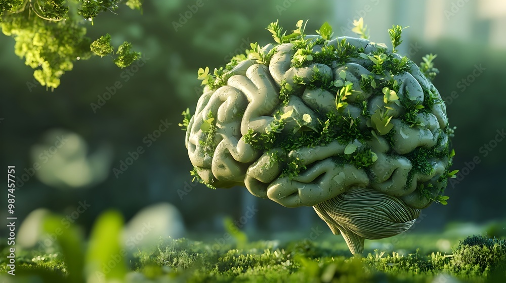 Visually striking 3D depicting a human brain covered in lush vibrant ...