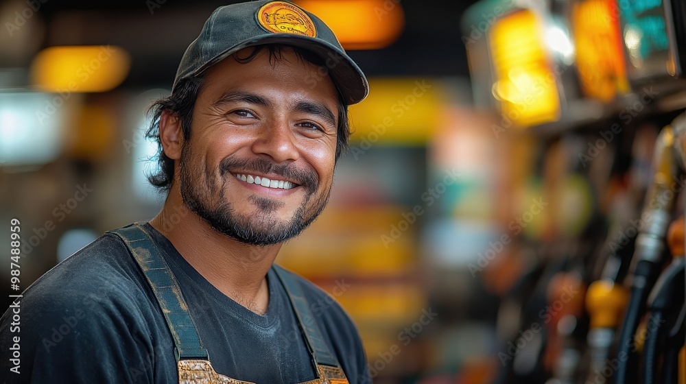 Smiling Hispanic male gas station employee standing at fuel pump, close ...
