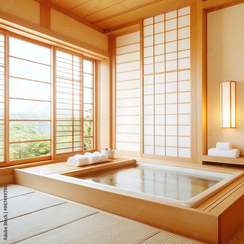 Japanese-style spa suite with shoji screens, tatami mats, and a hot ...