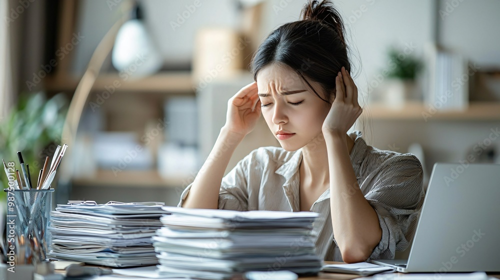 Woman massaging her temples with a frustrated look stacks of documents ...