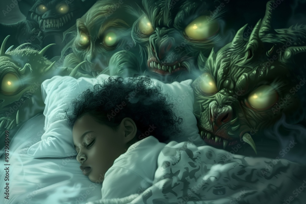 Little child captured nightmare scary creatures loom bed. Imaginary ...