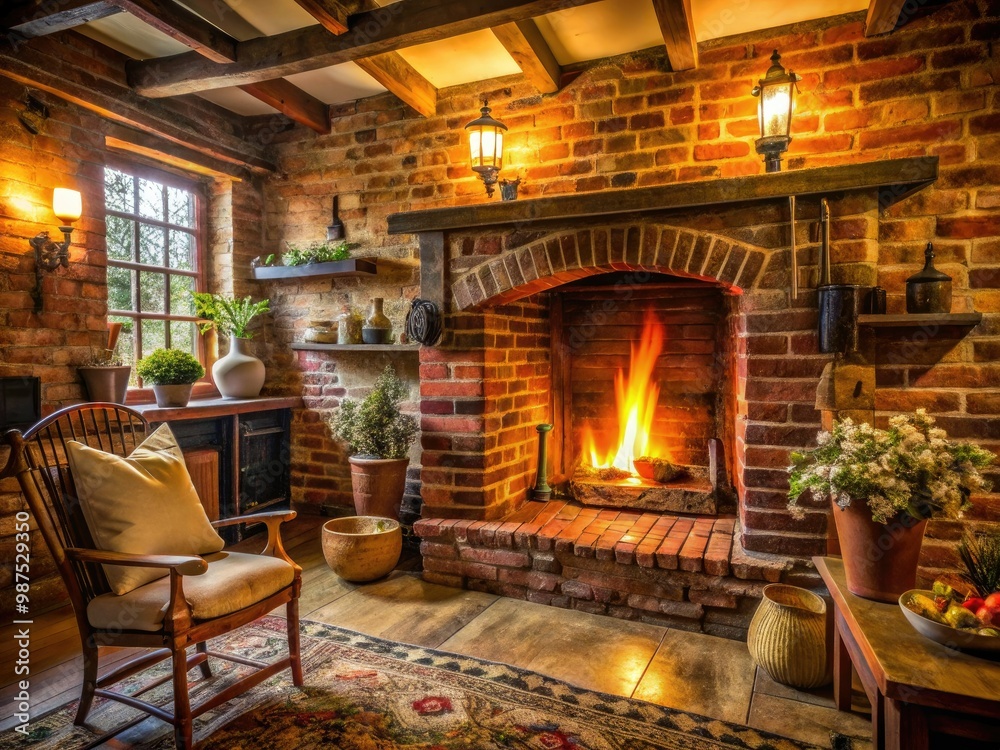 Cozy inglenook fireplace with exposed brick, wooden mantle, and ...