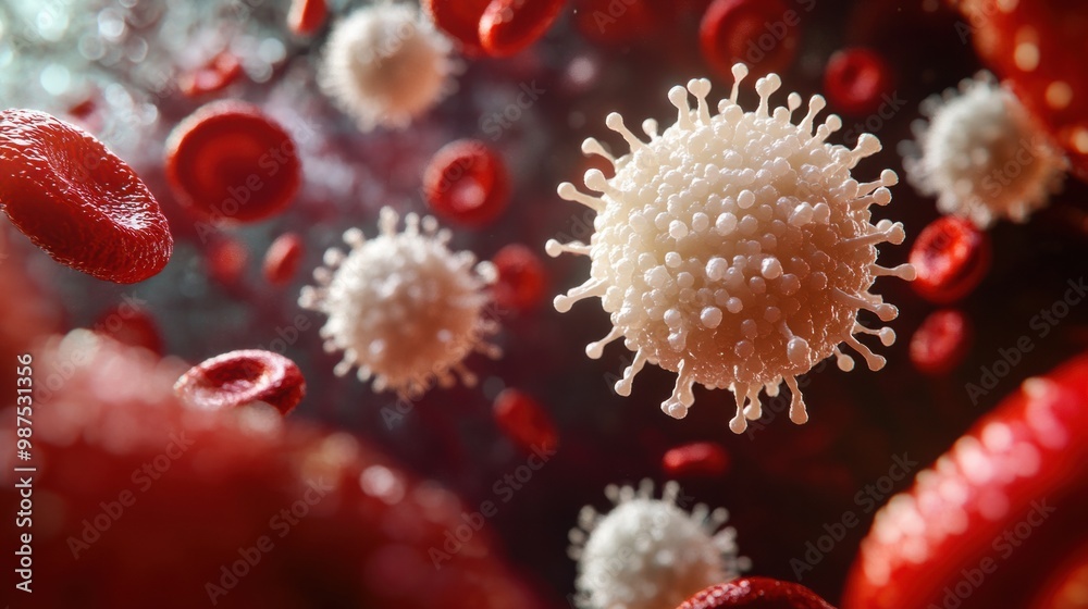 Microscopic view of white blood cells fighting off pathogens ...