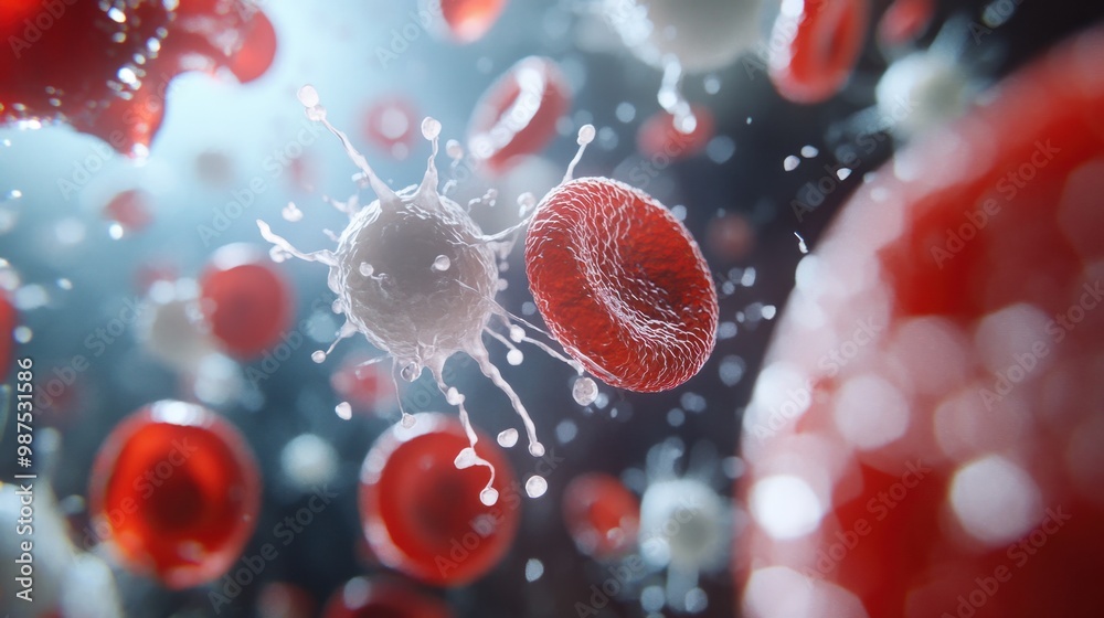 Red and white blood cells interacting in a digital model, symbolizing ...
