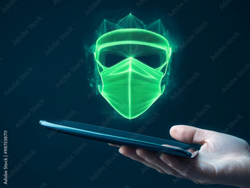 respirator mask emerging from a digital tablet. Smart Respiratory ...