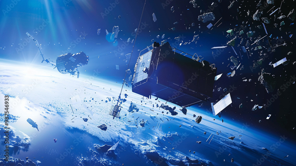 A robotic spacecraft collecting and removing space debris from Earth's ...