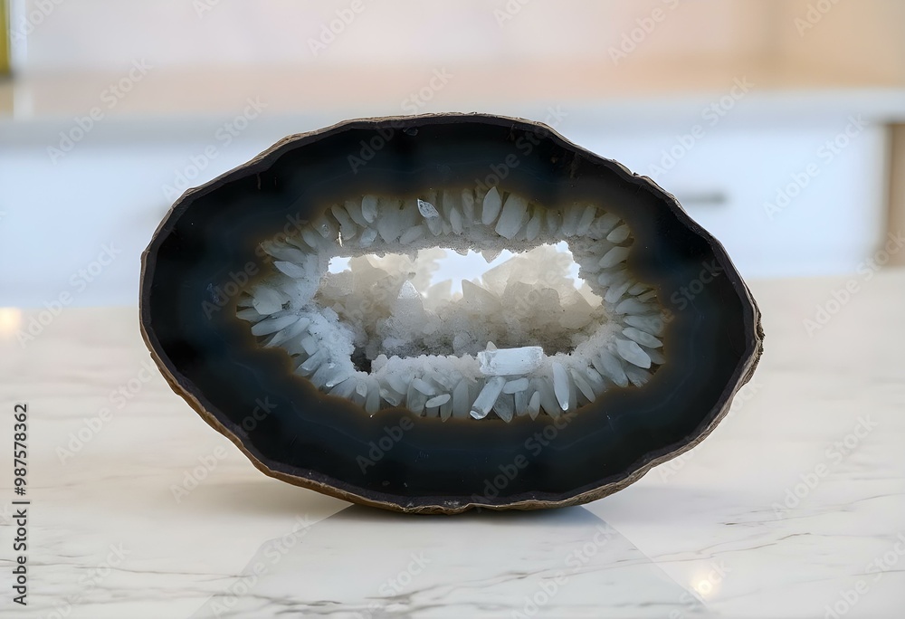 A cross-section of a geode revealing its inner crystals, set on a ...