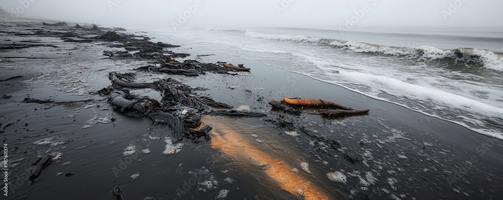 Polluted beach with oil-covered sea creatures washed ashore, depicting ...