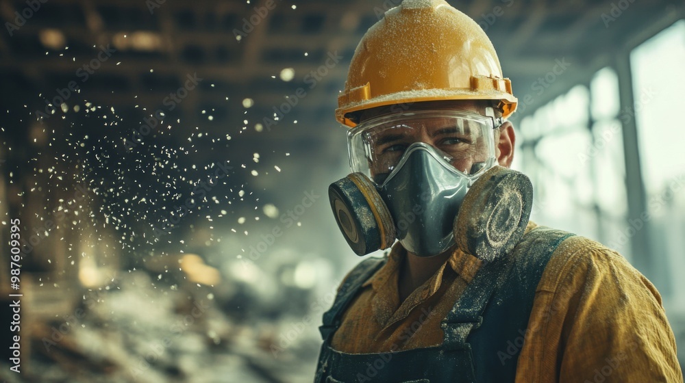 Professional construction worker wearing a high-grade dust mask ...