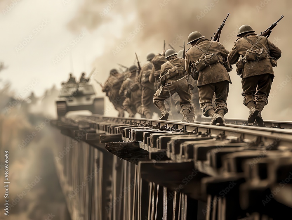 In the 30s, a group of Japanese soldiers and tanks fight on a railway ...