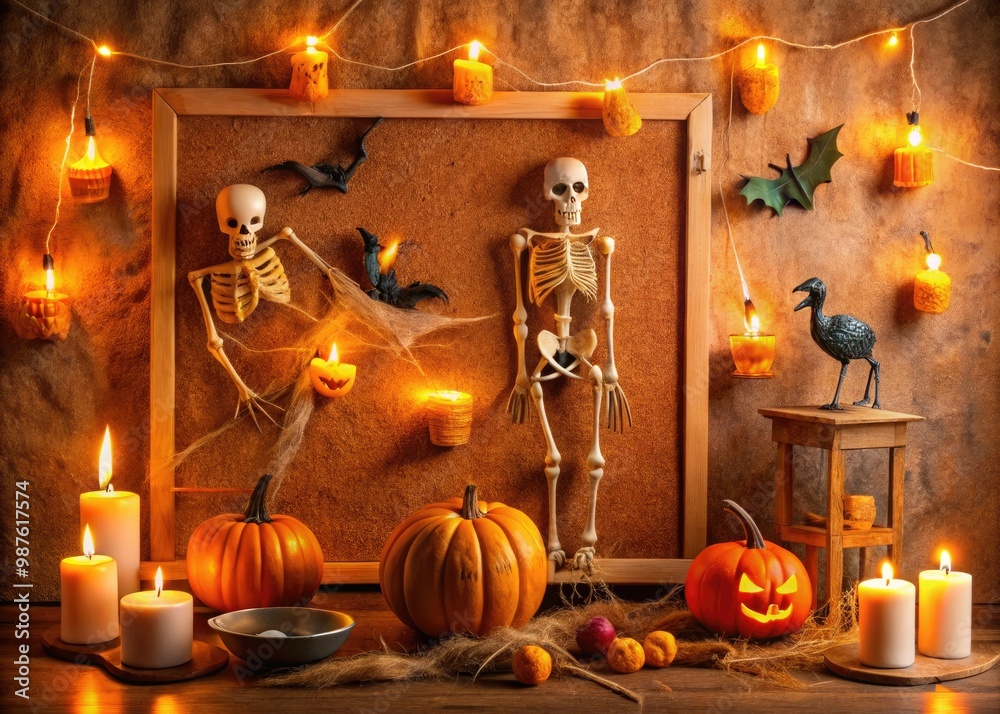 Spooky skeletons, bats, and pumpkins adorn a cryptic clueboard, hinting ...