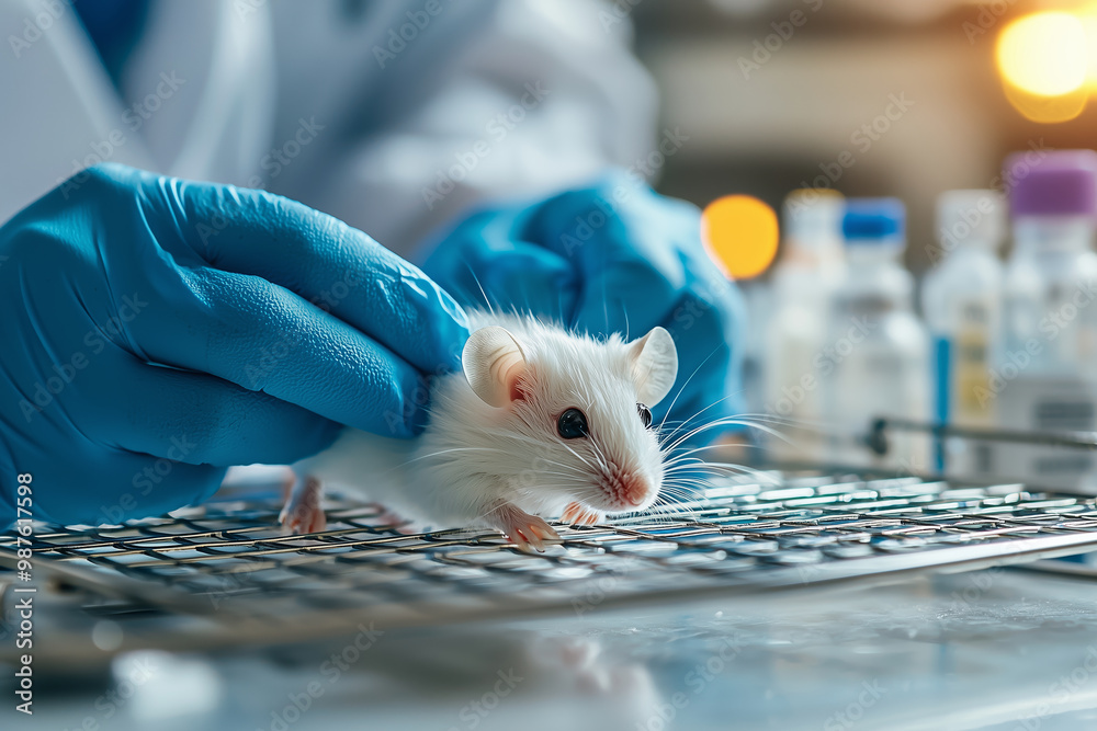A person giving an anesthetic to white mouse in laboratory setting ...