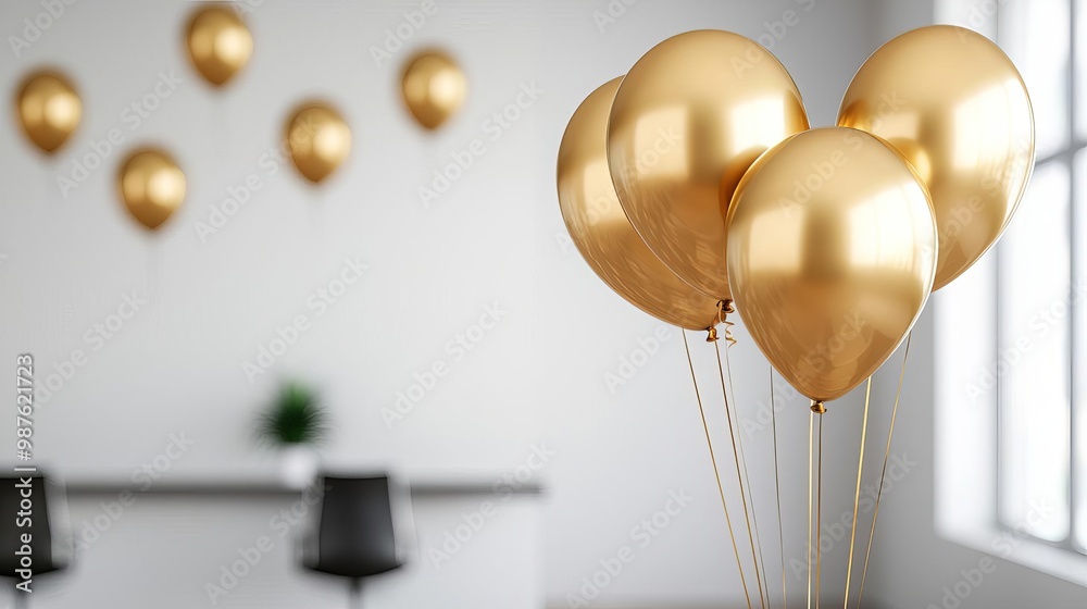 Golden number balloons floating in a sleek office space, celebrating a ...