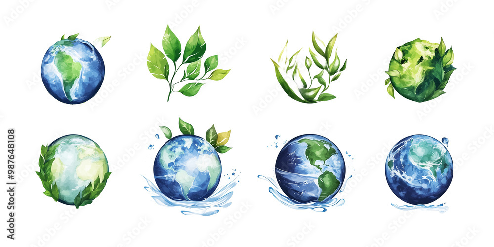 Stock-Illustration „Earth and Leaves Icons Set for Environmental Themes ...