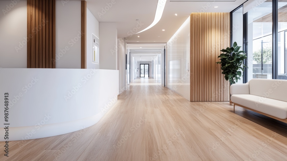 The image captures a bright, welcoming office hallway adorned with ...